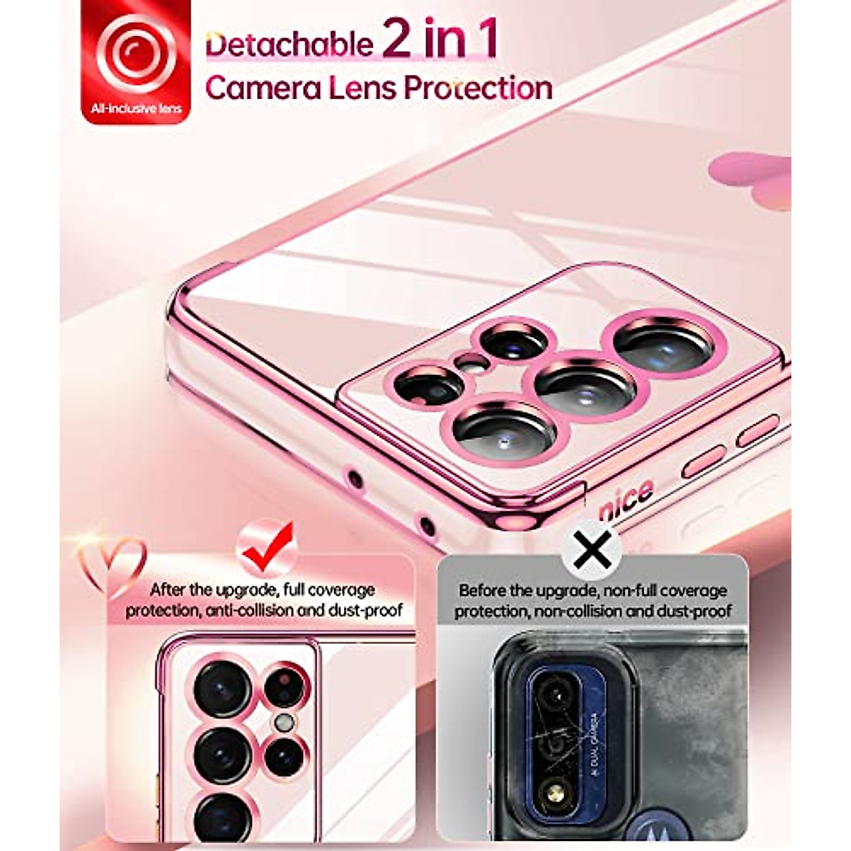 LeYi for S21 Ultra Case: with Full Camera Protection, Love Heart Plating Girly Women Cute Luxury Soft TPU Case for Samsung S21 Ultra, Pink