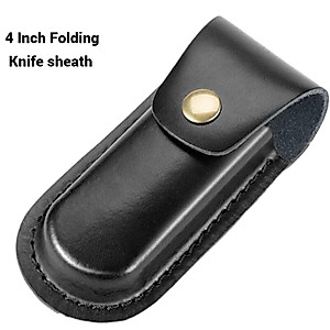 Leather Knife 4" Holster with Belt Buckle – Holding Sheath for Pocket Knives, Folding Knife- Compact Draw EDC Knife Holster Belt – Black, Camping, Hunting, and Outdoors.
