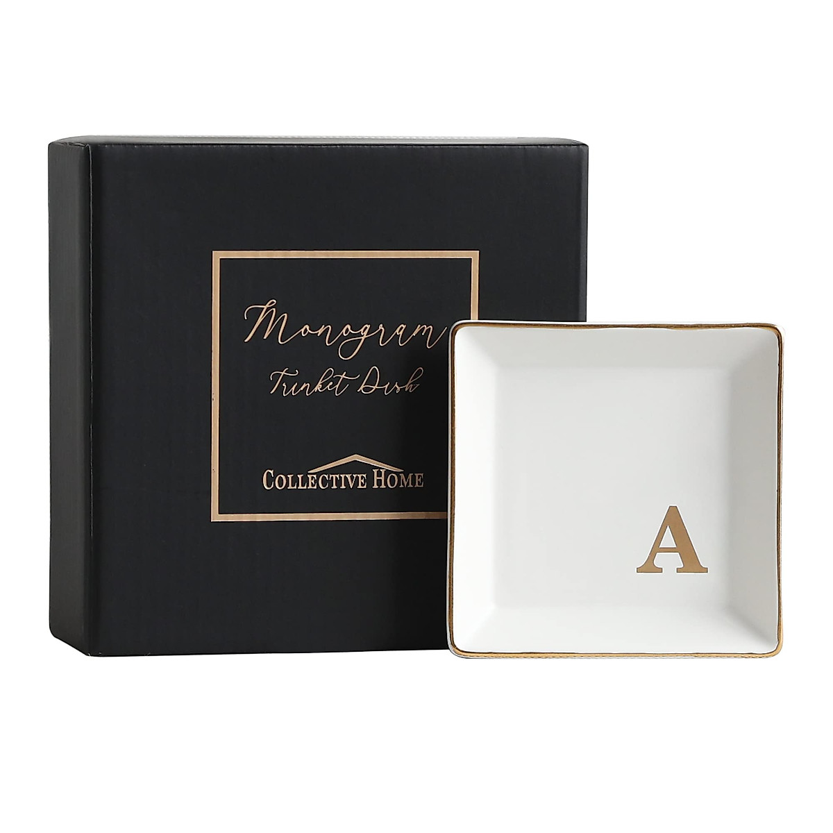 COLLECTIVE HOME - Ceramic Jewelry Tray, Monogram Decorative Trinket Dish for Rings Earrings Necklaces Bracelet Watch Keys, Birthday Mother's Day Christmas Gift for Women, 4" x 4" (A)