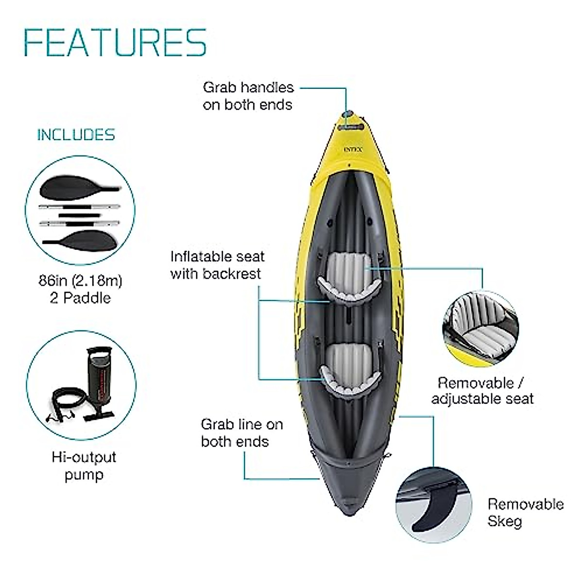 INTEX 68307EP Explorer K2 Inflatable Kayak Set: Includes Deluxe 86in Aluminum Oars and High-Output Pump – SuperStrong PVC – Adjustable Seats with Backrest – 2-Person – 400lb Weight Capacity