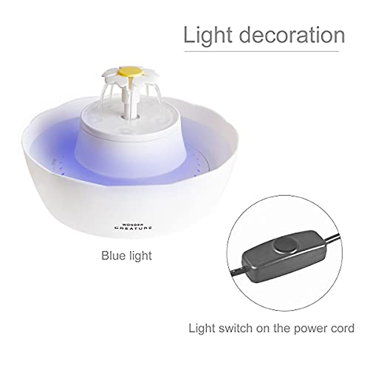 Cat Water Fountain, 360 Cat and Dog Water Dispenser, 3 Ways to Drink, LED Light with Switch, Multi-Directional Streams, Extremely Quiet