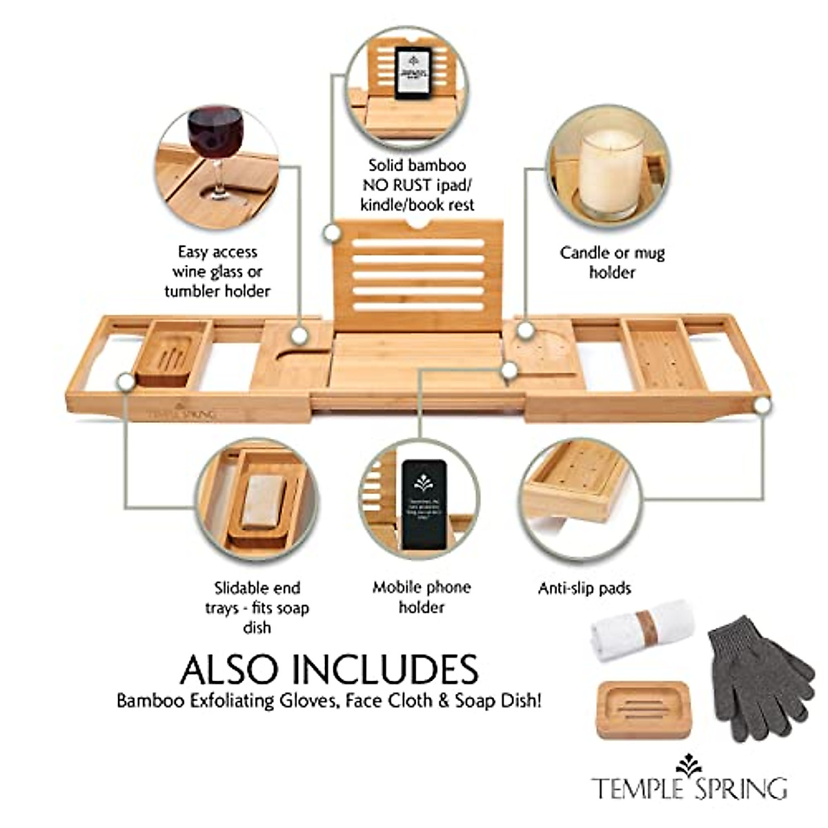 Temple Spring Bath Caddy - Extendable Bath Tray for Bathtub with Candle, Wine Glass, Book, iPad & Phone holders - Adjustable Bath Table shelf over tub with bathroom accessories - (Bamboo Natural Wood)