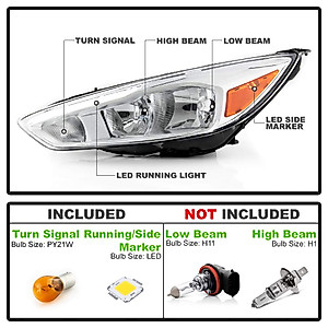YeewellACANII - For [Halogen Type Chrome Housing w/LED DRL] 2015-2018 Ford Focus Headlight Headlamp Assembly Left Driver Side