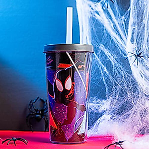 Zak Designs Marvel Spider-Man Across the Spider-Verse Movie Plastic Tumbler with Splash-Proof Lid and Straw, Durable Double-Wall Insulated Travel Cup Fits in Car Drink Holders (16oz, Non-BPA)