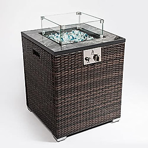 AJ Enjoy 24in Outdoor Propane Gas Fire Pit Table, 40,000 BTU Auto-Ignition Gas Firepit with Glass Wind Guard, Marble Tile Tabletop, Mixed Color Glass Rocks, Brown PE Rattan