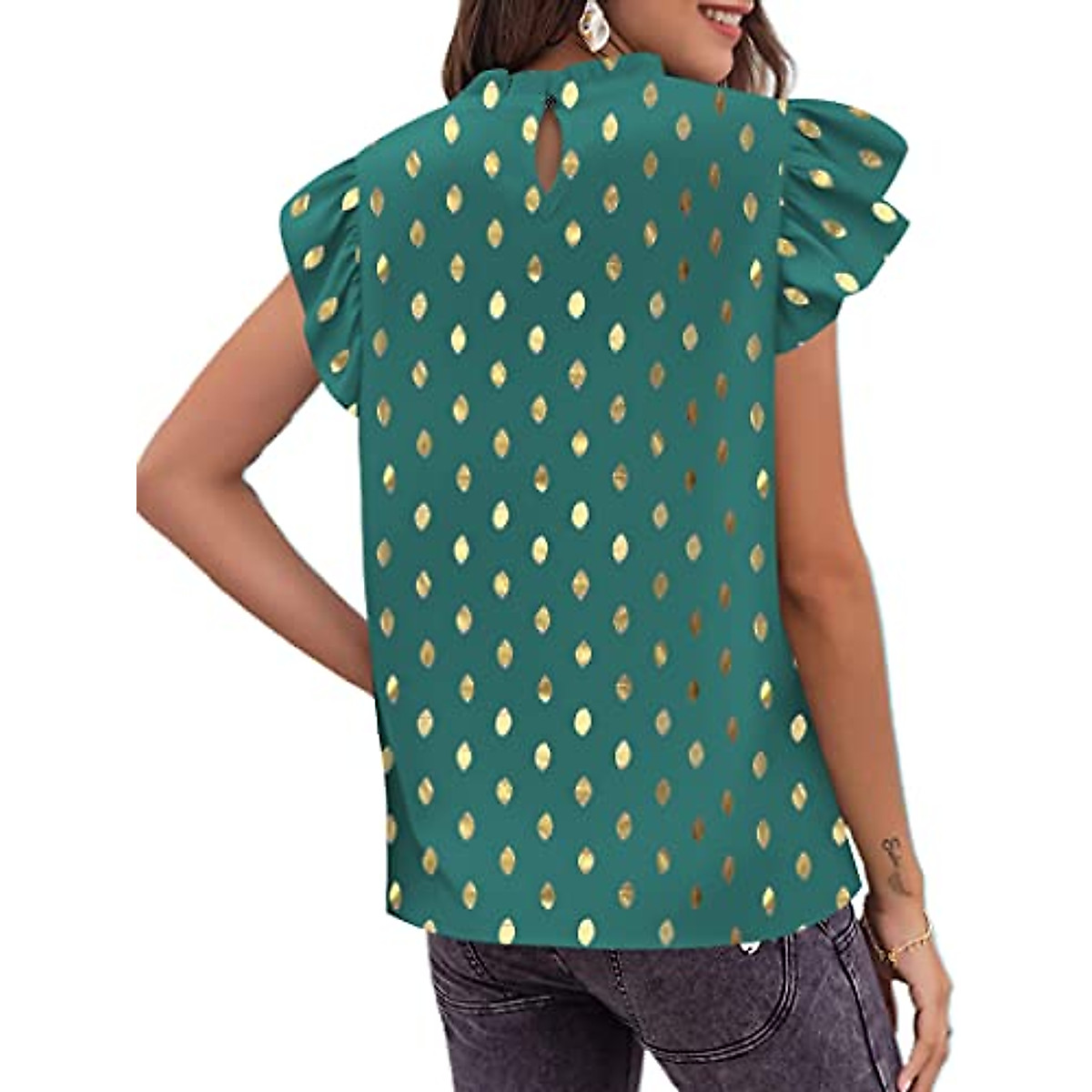 Avanova Women's Gold Dot Print Ruffle Cap Sleeve Frill Trim Crewneck Elegant Work Blouse Top Gold Dot Light Green X-Large