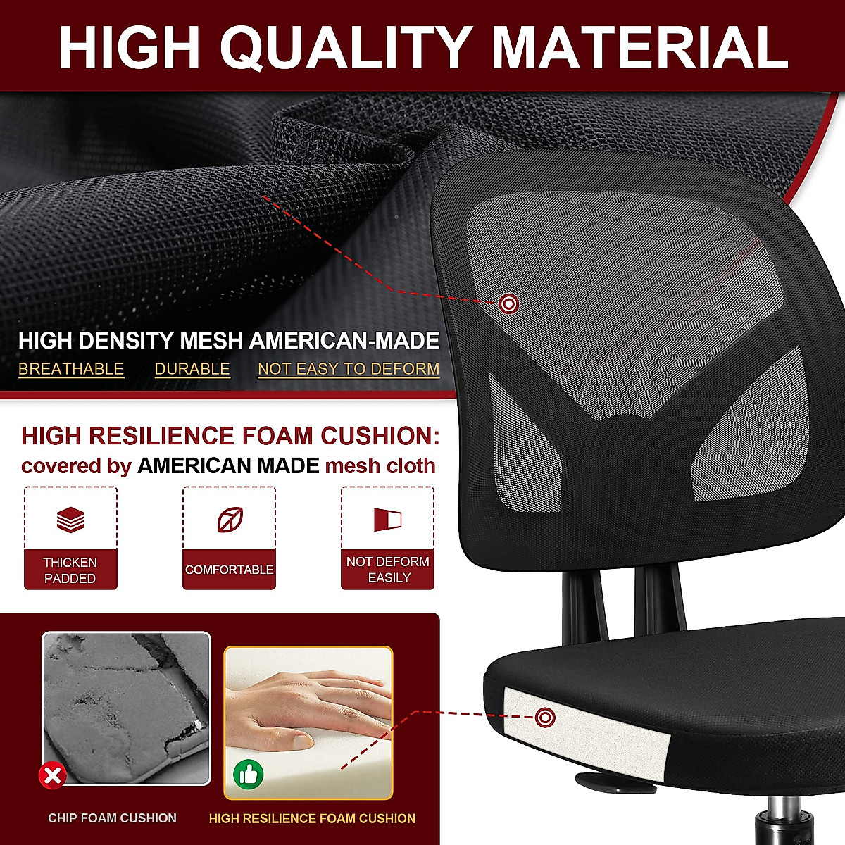 V&LX Armless Swivel Mesh Office Chair Height Adjustable with Lumber Support for Small Spaces, Black