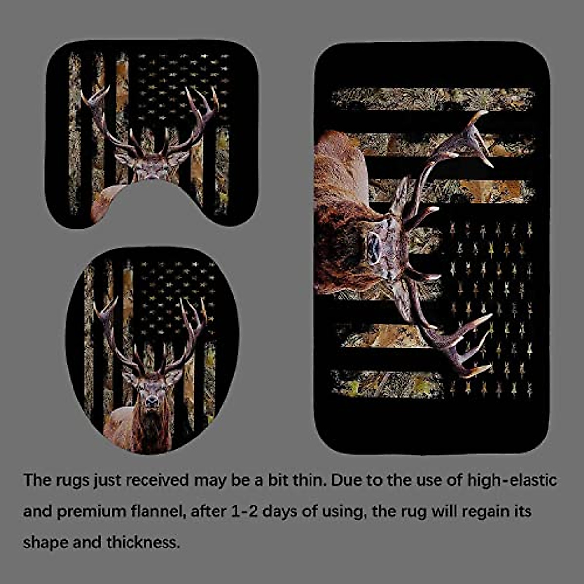 SKAILIÉ 4PCS Deer Shower Curtain Set, Camo Camouflage Black American Flag Moose Elk Woodland Animal Hunting Lodge Cabin Country Rustic Farmhouse Bathroom Decor Fabric Shower Curtain, Non-slip Bath Mat