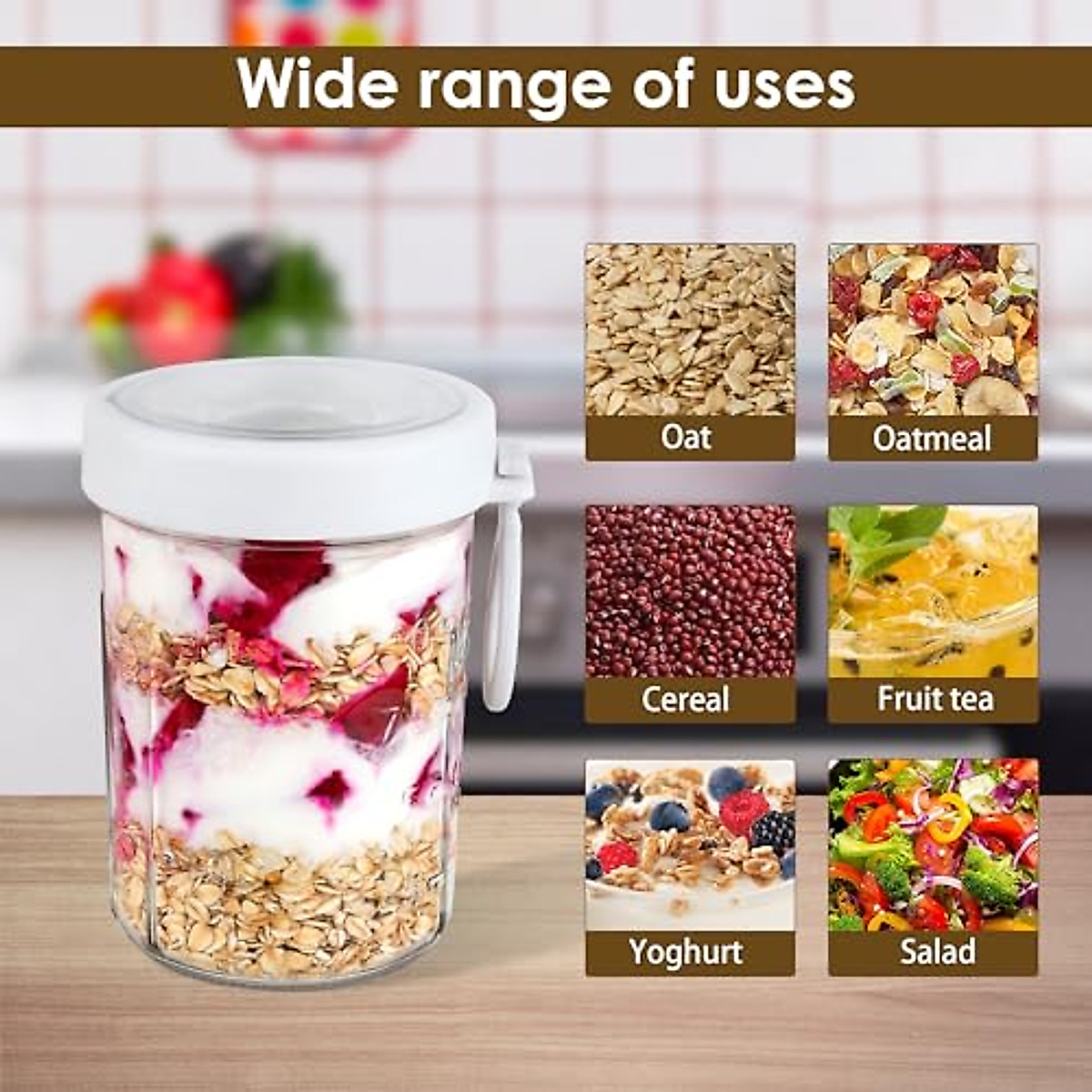 Quald Overnight Oats Containers with Lids, Folding Spoons and Divided Compartments for Fruit (4 Pack)
