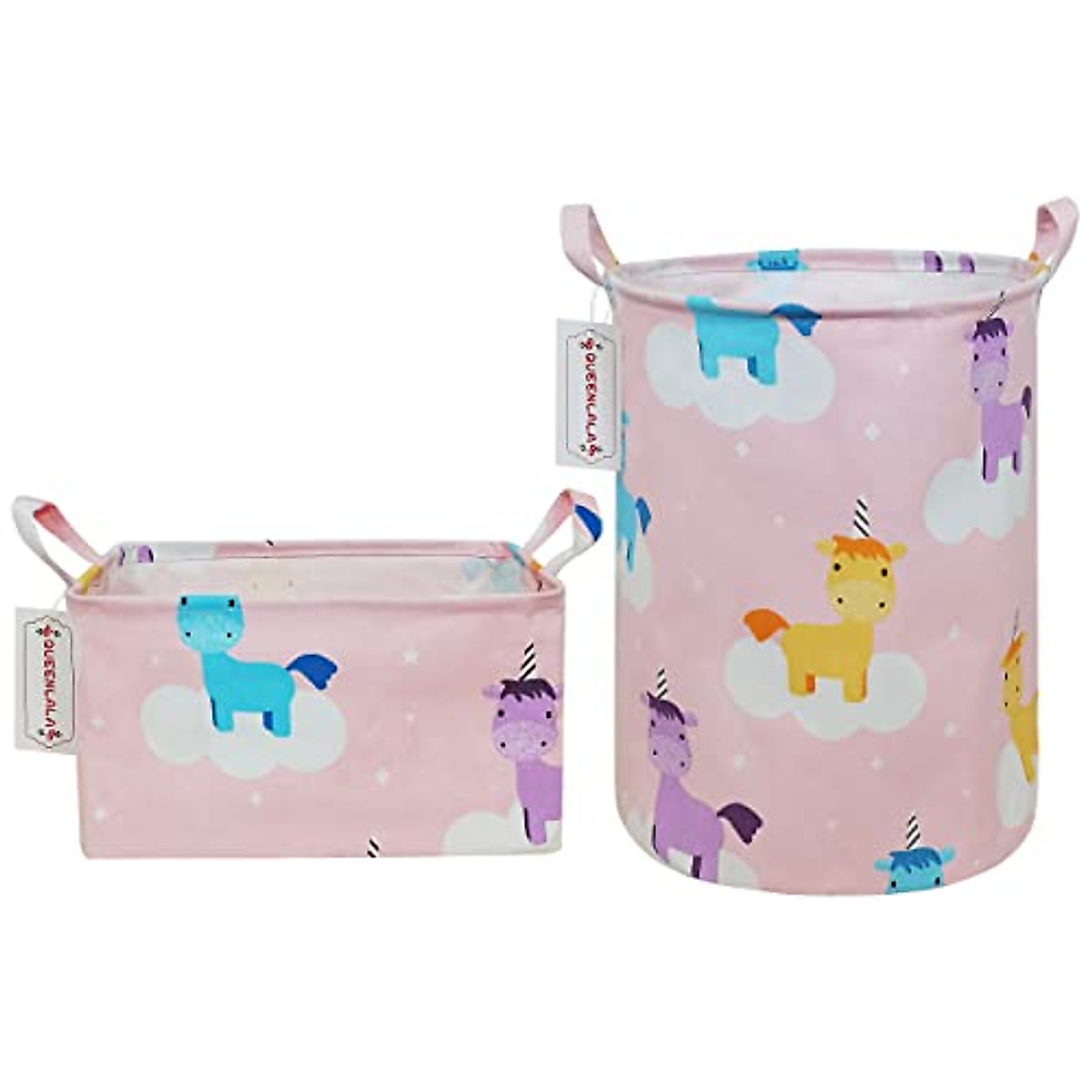 QUEENLALA Large Storage Basket,Laundry Hamper/Bathroom/Home Decor/Collapsible Round Storage Bin,Boys and Girls Hamper/Boxes/Clothing（Round-Rec-Pink Unicorn）