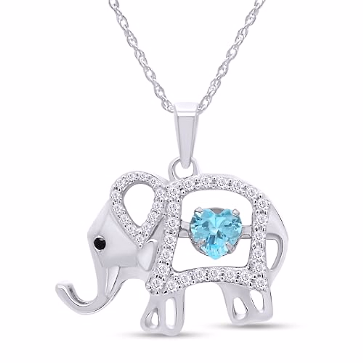 AFFY Simulated Aquamarine And White Cubic Zirconia Floater Elephant Pendant Necklace, 14K White Gold Over Sterling Silver, 5MM Heart Cut Center Aquamarine, 18'' Rope Chain