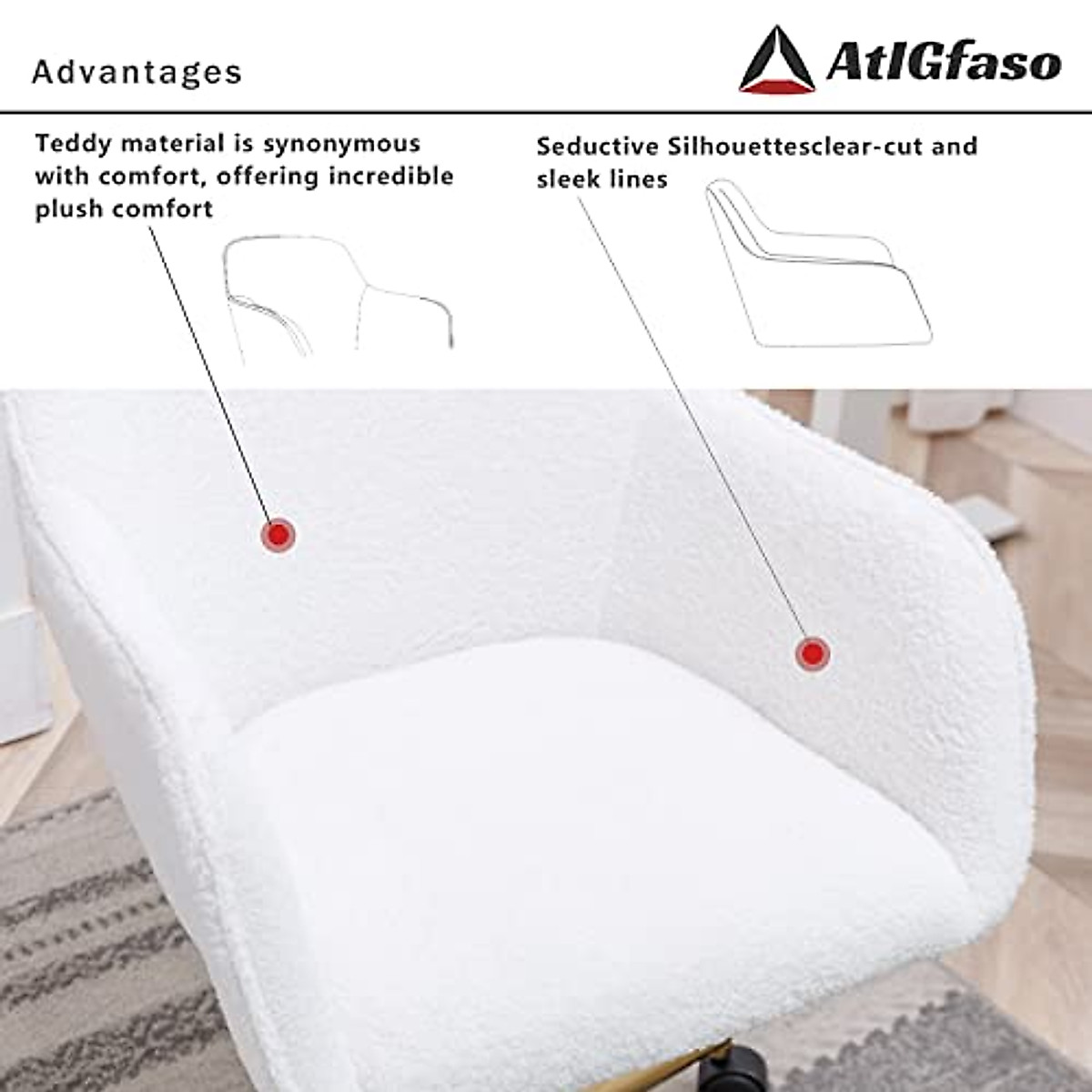AtIGfaso with Wheels Ultra-Soft Plush Swivel Chair with Adjustable Height and 360-Degree Rotation,Combing Chair Ideal for Home Office or Bedroom, Ergonomic Design, Gold Base, Cream White Color