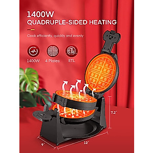 Belgian Waffle Maker Iron 180° Flip Double Waffl and 6qts Popcorn Maker with Detachable & Nonstick Plate