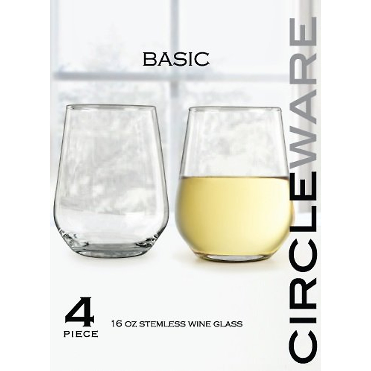 Circleware Basic Stemless White-Red Wine Drinking Glasses, Set of 4, 16 ounce, Limited Edition Glassware