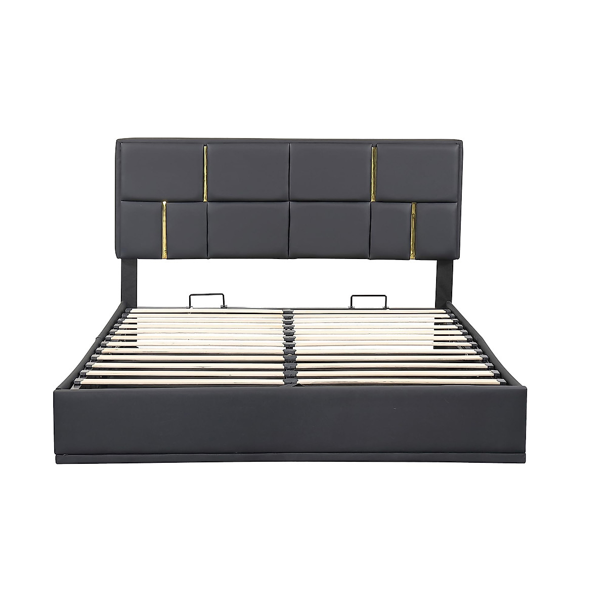 VilroCaz Queen Size Upholstered Platform Bed with Hydraulic Storage System, PU Upholstered Platform Bed with Gold Decoration Headboard, No Box Spring Needed (Black-M/PU)