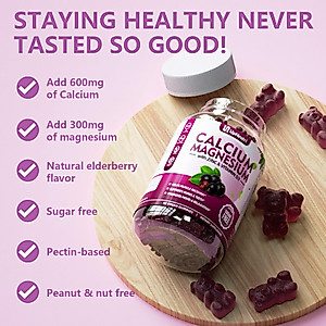 Calcium Magnesium Zinc with Vitamin D3 Supplement, Sugar Free Calcium Gummies for Women Men, High Absorption Zinc Gummies for Bone & Muscle & Immune Health, Vegan Elderberry Flavor - 60 Count