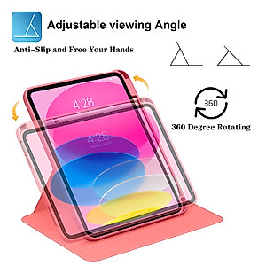 Supveco Case for iPad 10th Generation 2022 with Pencil Holder-(360 Degree Rotation & Auto Wake/Sleep), Premium Folio Stand Case with Flexible Viewing Angles for Apple iPad 10.9 Inch 2022-Watermelon