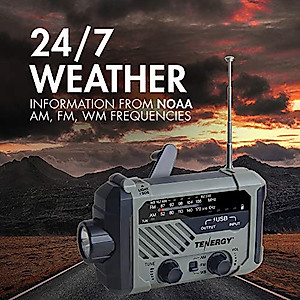 Tenergy Multifunctional Hand Crank Weather Radio with LED Flashlights, SOS Alarm, Cell Phone Charger, AM/FM/NOAA Radio Frequencies, Ideal for Emergencies