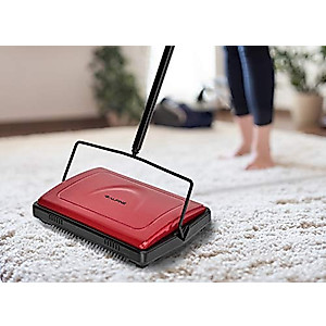 Alpine Industries Triple Brush Floor & Carpet Sweeper – Heavy Duty & Non Electric Multi-Surface Cleaner - Easy Manual Sweeping for Carpeted Floors (Red)