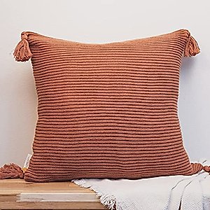 Lumi Living 100% Soft Cotton Raised Stripes Textured Rib Knit Throw Pillow Cover with Tassels (20x20, Rust)