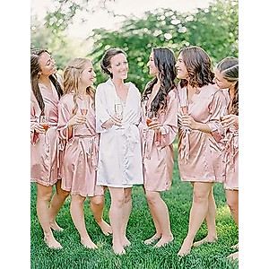 Avidlove Women's Satin Robe Pink Kimono Silk Robes for Bridal Party Lightweight V-Neck Lace Sleeves