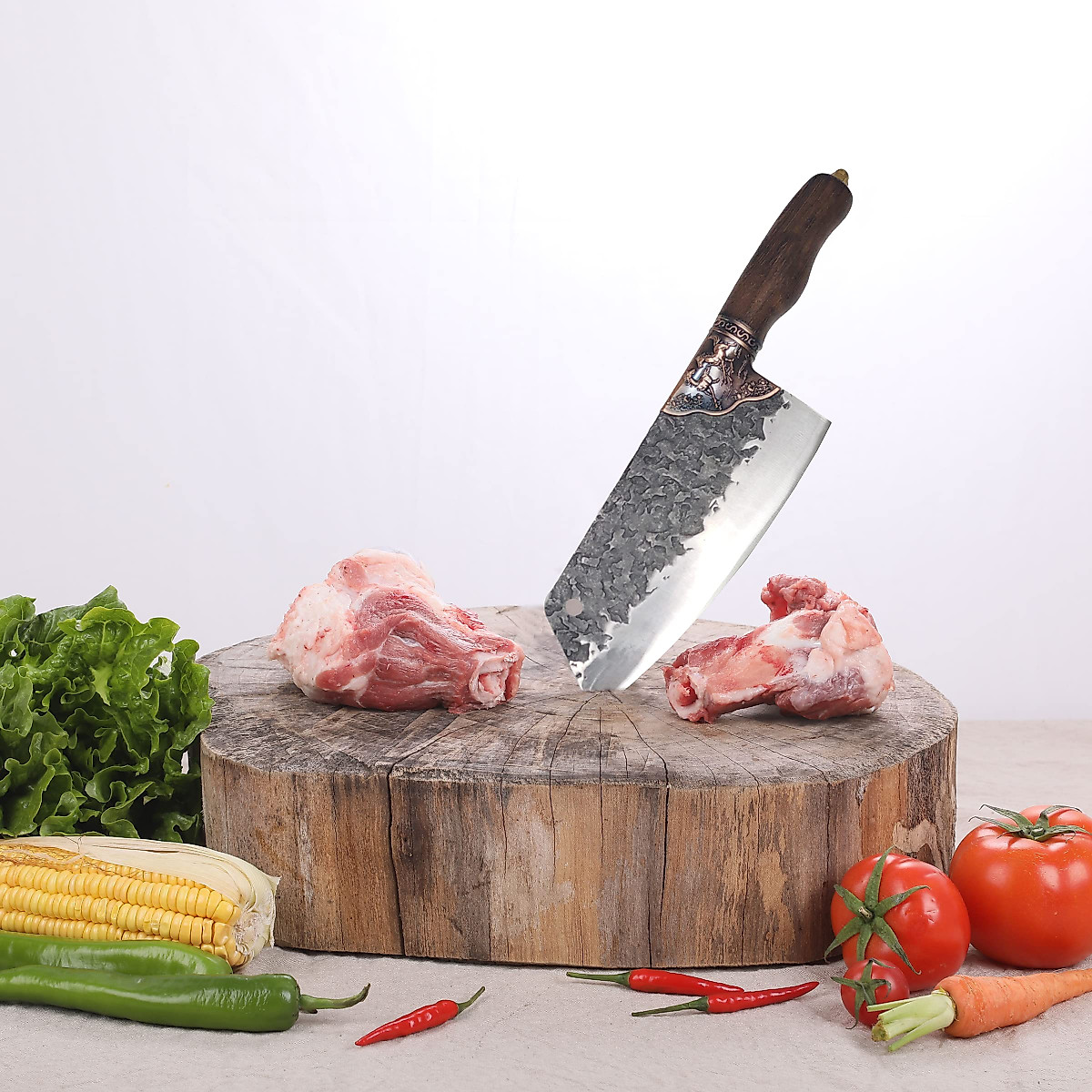 KTCHN Meat Cleaver v1.0-7-Inch Carbon Steel Hand-Forged Blade - Ergonomic Wood Handle - Unique Professional Butcher Knife Design - Chop Meat and Bones with Ease