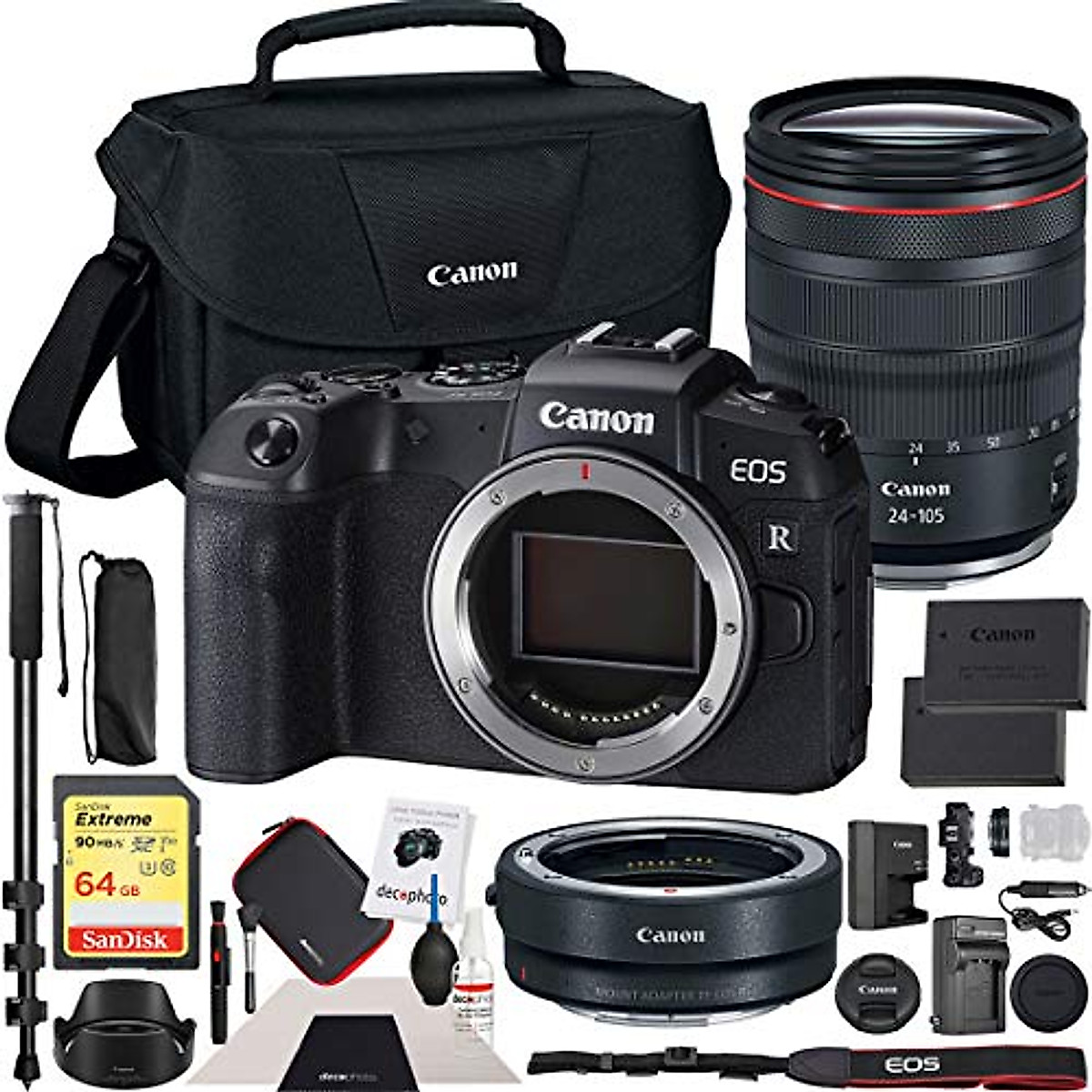 Canon EOS RP Mirrorless Camera with RF 24-105mm F4 L is USM Lens Kit Bundle with Lens Mount Adapter, 64GB Memory Card, Shoulder Bag, Battery and Charger Kit, Monopod and Cleaning Kit