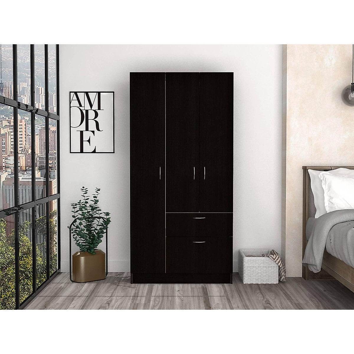 Homxi Armoire,Double Door Cabinets,One Drawer,Metal Rod,Five Shelves -Black White Armoire Wardrobe for Bedroom