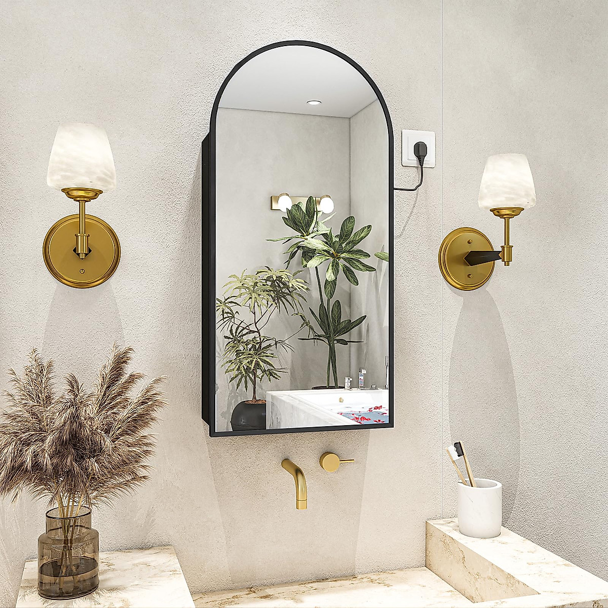 FKWin Arched Medicine Cabinets with Mirror, Bathroom Storage with Charging Station and 3 Adjustable Shelves, Bathroom Mirror with Storage, Bathroom Cabinet, Medicine Cabinet Mirror, 16"x32", Black