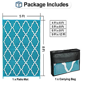 OutdoorLines Outdoor Plastic Area Rugs for Patio 5x8 ft - Reversible Outside Carpet, Stain & UV Resistant RV Mats, Straw Rug for Camping, Deck Garden, Porch and Balcony, Moroccan Teal & Light Grey