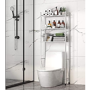 TZAMLI Over The Toilet Storage Shelf, 3-Tier Bathroom Organizer Space Saver, Free-Standing Above Toilet Rack Metal Bathroom Shelves, White