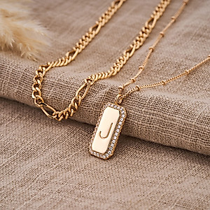 Gold Necklace for Women Trendy Dainty Initial Pendant Necklace Figaro Chain Choker Necklace Layered Set Bar Rectangle Pendant Necklaces 14K Gold Plated Simple Letter J Necklace Everyday Gold Jewelry