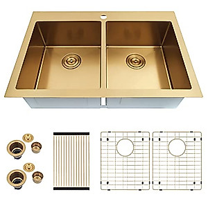 Zeesink Double Bowl Kitchen Sink,Drop in Kitchen Sink 33 X 22 inch,Gold Kitchen Sink,Top Mount Kitchen Sink,16 Gauge Stainless Steel Kitchen Sinks