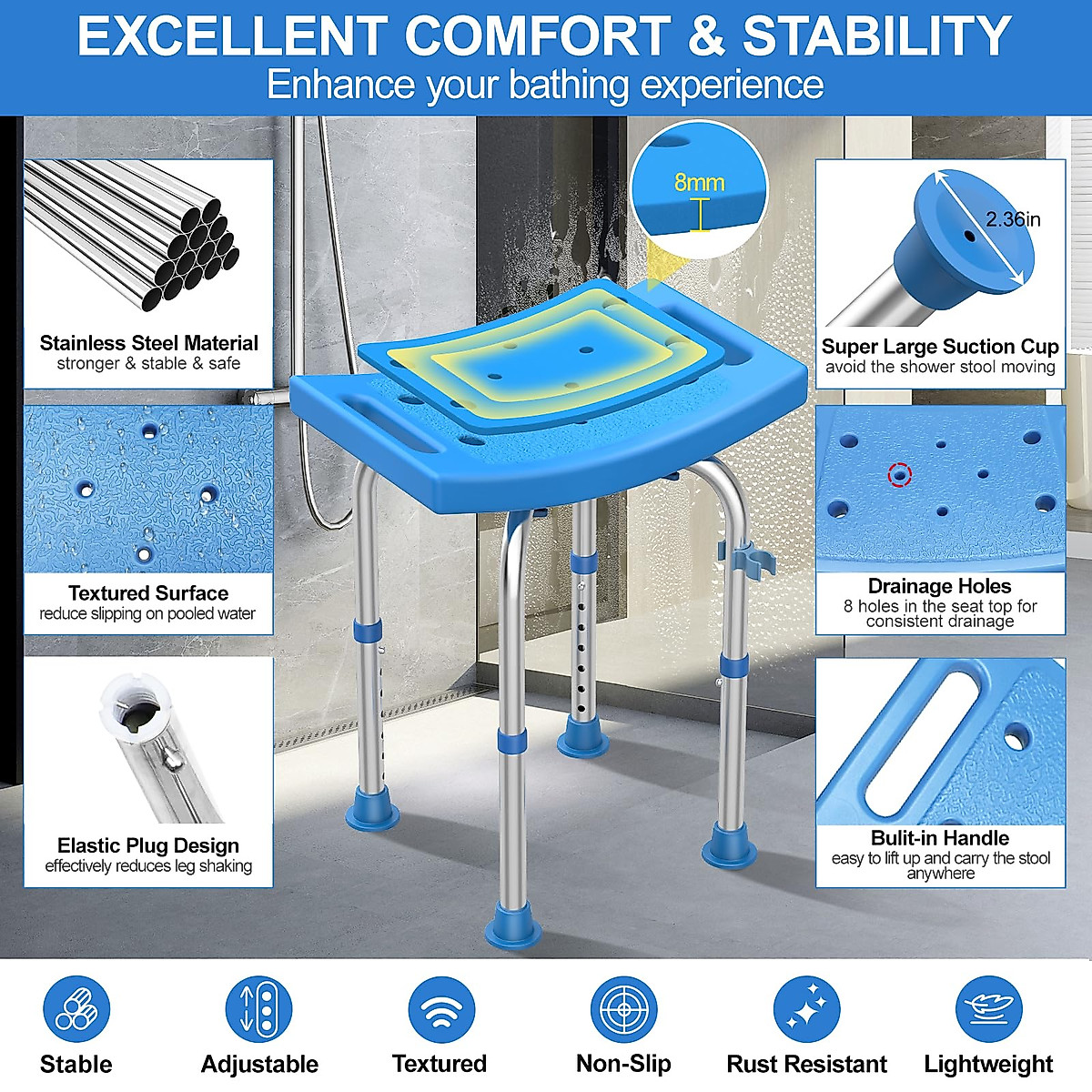 UGarden Heavy Duty Stainless Steel Shower Chair Seat, 400lbs Adjustable Height Shower Stool for Inside Shower, Blue Bath Seat Chair, Handicap Bathroom Stool, Shower Stools for Seniors, Adults,Disabled