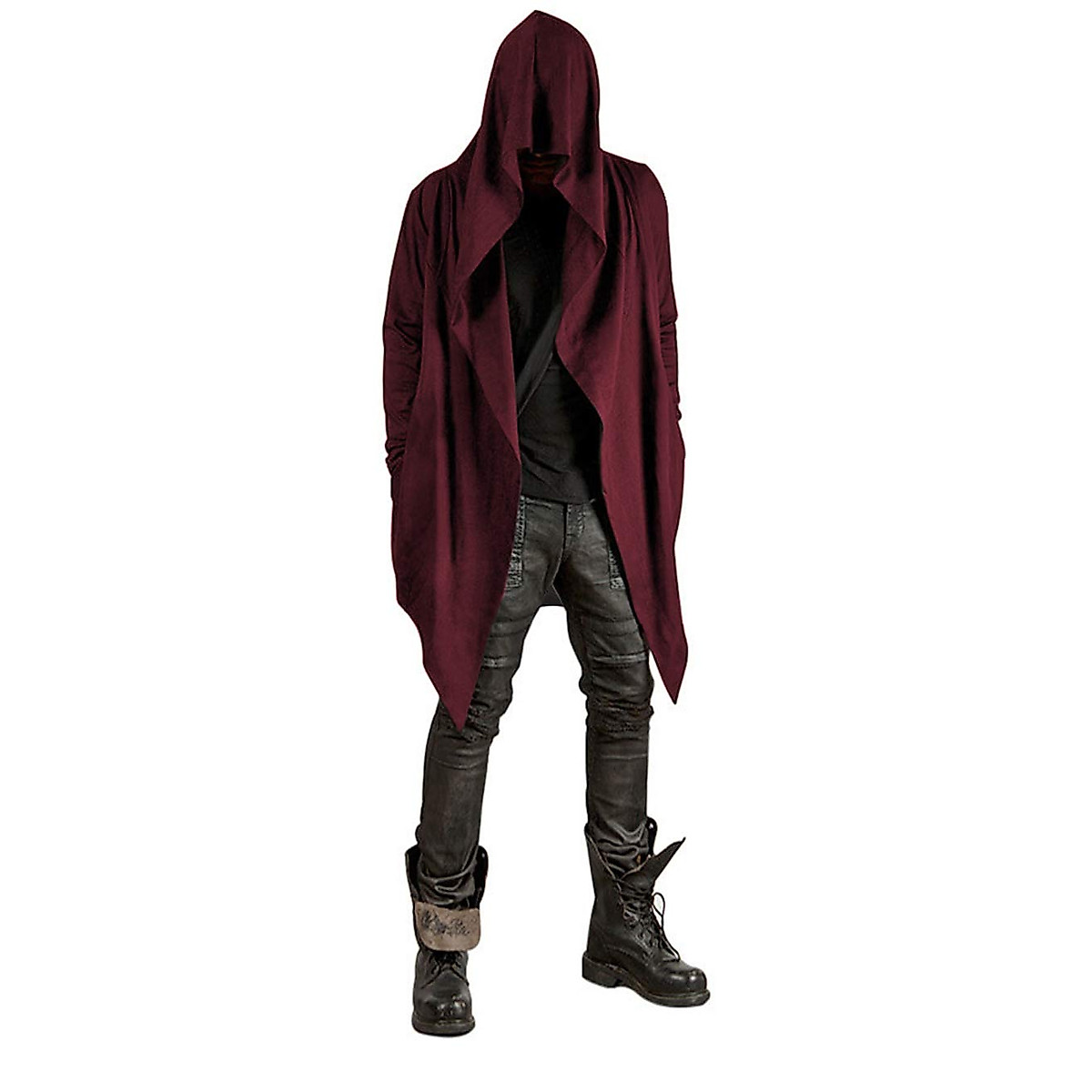 Poriff Mens Sleeveless Hooded Cardigan Asymmetrical Long Sweater Hooded Wine Red M