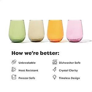 TOSSWARE RESERVE 16oz Stemless Wine - Color Series SET OF 4, Premium Quality, Tritan Dishwasher Safe & Heat Resistant Unbreakable Plastic Drinking Glasses
