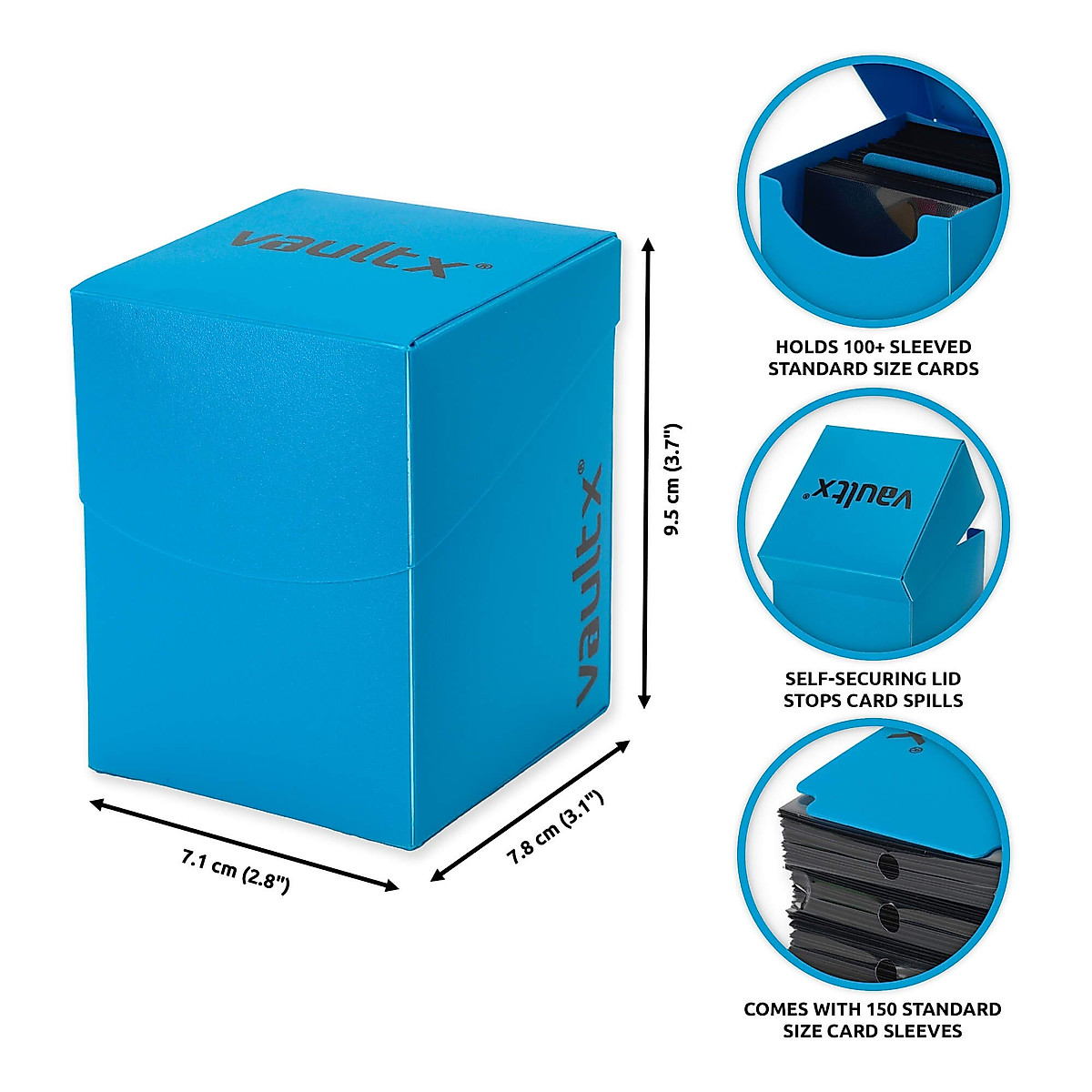 Vault X ® Deck Box and 150 Black Card Sleeves - Large Size for 120-130 Sleeved Cards - PVC Free Card Holder for TCG (Blue)