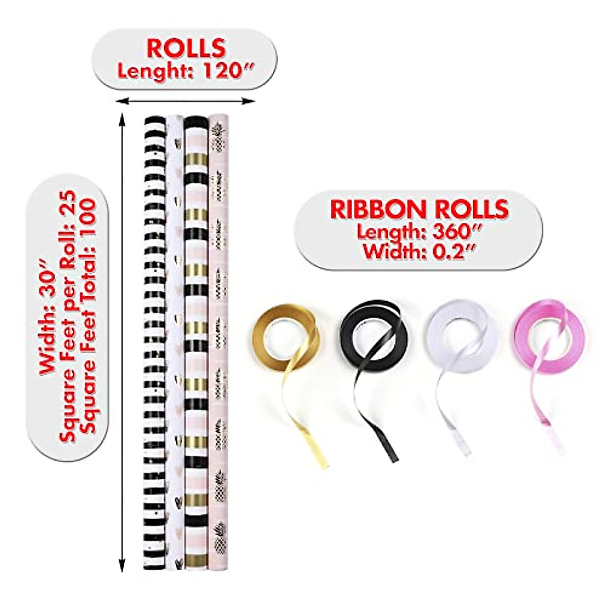 Packanewly Wrapping Paper Roll Set with Cutline on Reverse for All Occasion - Pink Gold White, Black Stripe, Fruit Pineapple Gift Wrap paper Bundle(4 Pack, 100 sq. ft. ttl.) - 30 x 120 Inch Each Roll