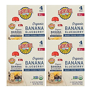 Earth's Best Organic Baby Food Pouches, Stage 2 Fruit Puree for Babies 6 Months and Older, Organic Banana and Blueberry Puree, 4 oz Resealable Pouch (Pack of 16)