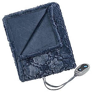Beautyrest Brushed Long Fur Electric Throw Blanket Ogee Pattern Warm and Soft Heated Wrap with Auto Shutoff, 50 in x 60 in, Sapphire Blue