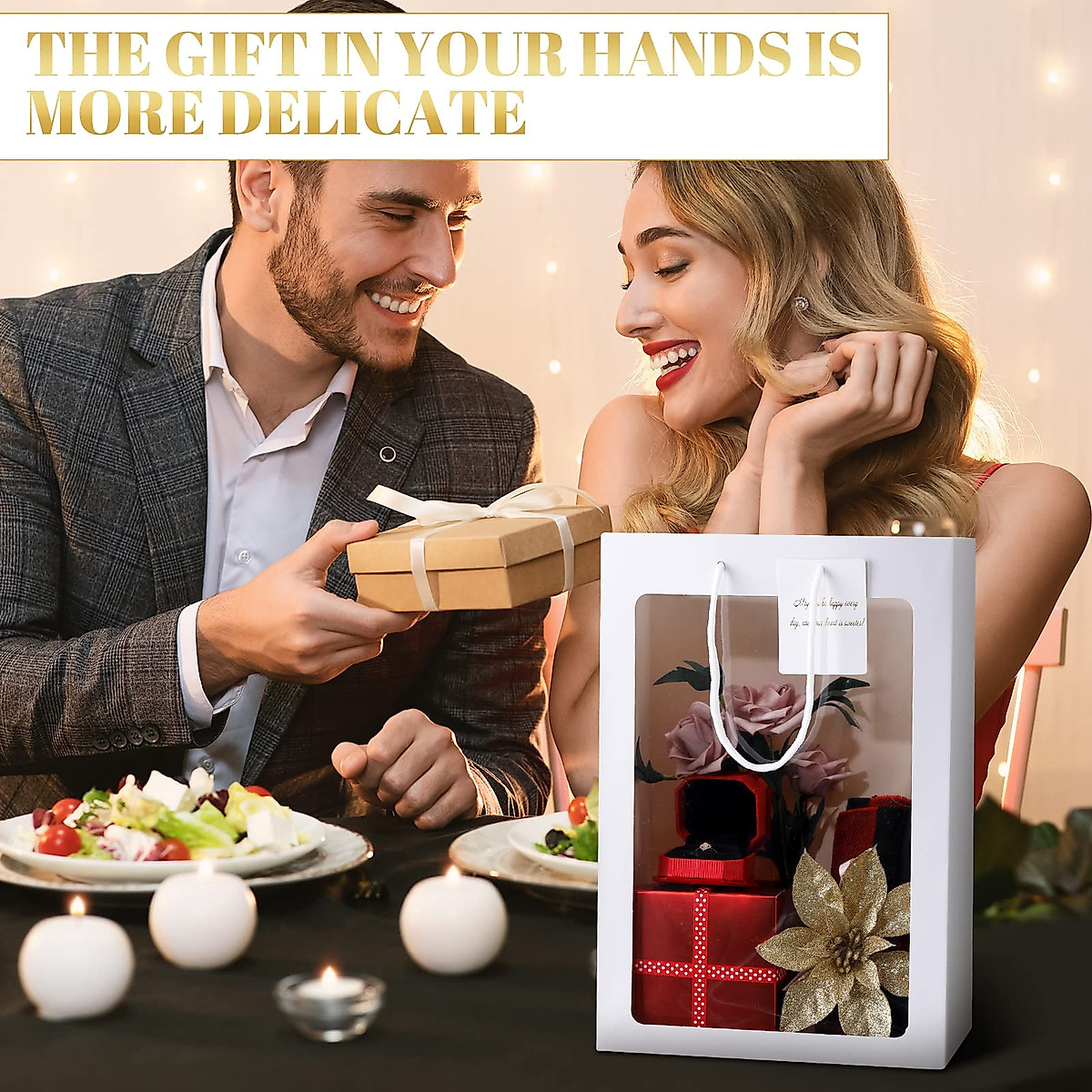 Yahenda 24 Pcs Clear Gift Bag with Window 13.8 x 9.8 x 5.9 Transparent Bouquet Gift Bags with Handle Graduation Paper Bags Paper Tote Flower Bags for Mother 's Day Graduation Wedding (White)