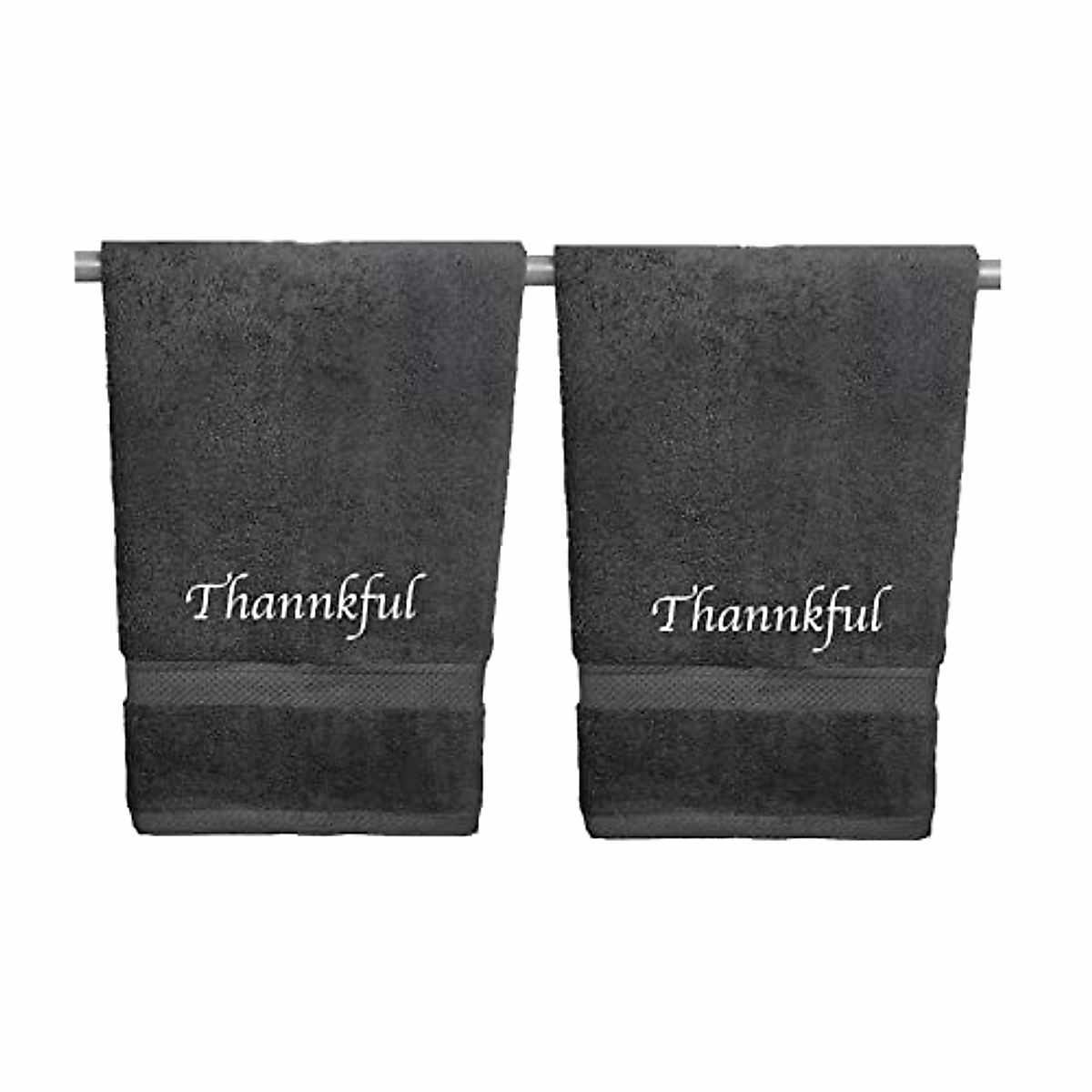 Liberty21 Embroidered Hand Towels with Inspirational Message: Thankful or Grateful. (1 Set of 2 Hand Towels) for Bathroom, Kitchen or Spa. (Thankful Grey)