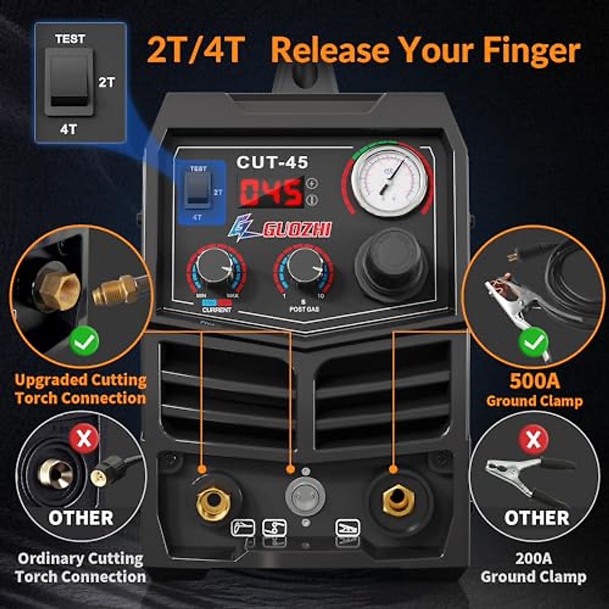 GZ GUOZHI Plasma Cutter, 45 Amp Air Inverter Plasma Cutter, 110V/220V Dual Voltage Digital Display IGBT Inverter Plasma Cutting Machine with 2T/4T/TEST, Automatic Drainage System