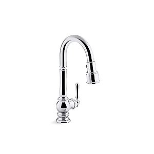 KOHLER Artifacts Single-hole kitchen sink faucet with 16" pull-down spout and turned lever handle, DockNetik magnetic docking system, and 3-function sprayhead featuring Sweep and BerrySoft spray
