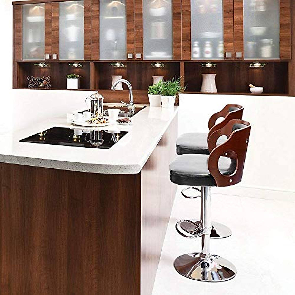 Homall Bar Stools Walnut Bentwood Adjustable Height Leather Modern Barstools with Back Vinyl Seat Extremely Comfy Bar Stool 1 Piece (Black)