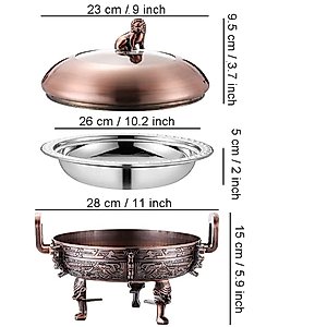 EdirFtra Round Copper hot Pot Set, Stainless Steel Buffet Set, Chinese Style hot Pot, with Food Plate, Aluminum Bracket, Cover and Fuel Bracket, 1L