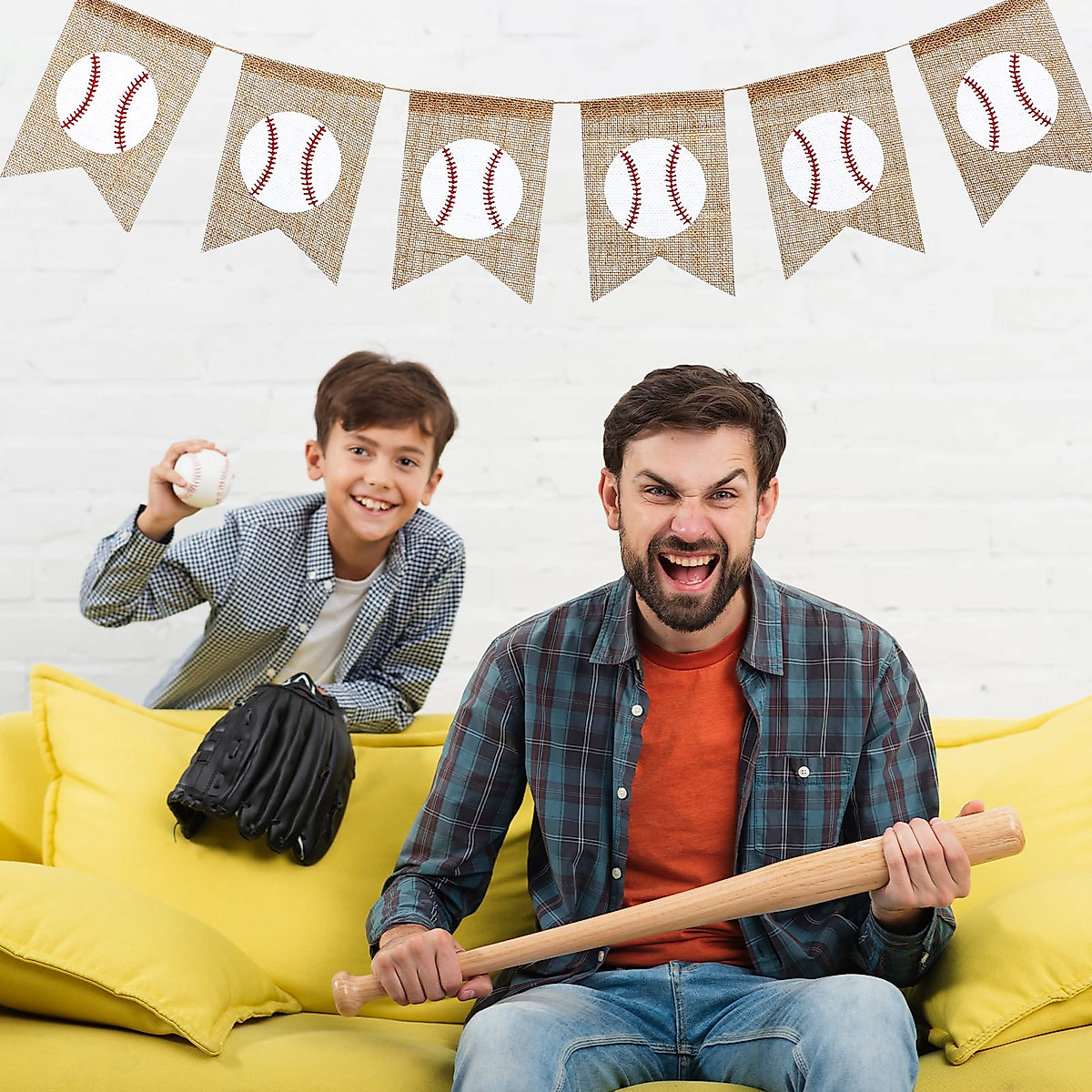 Amosfun Sport Theme Party Banner Vintage Burlap Baseball Pattern Happy Sport Bunting Banner for Sport Baseball Lover Boy Birthday Decoration