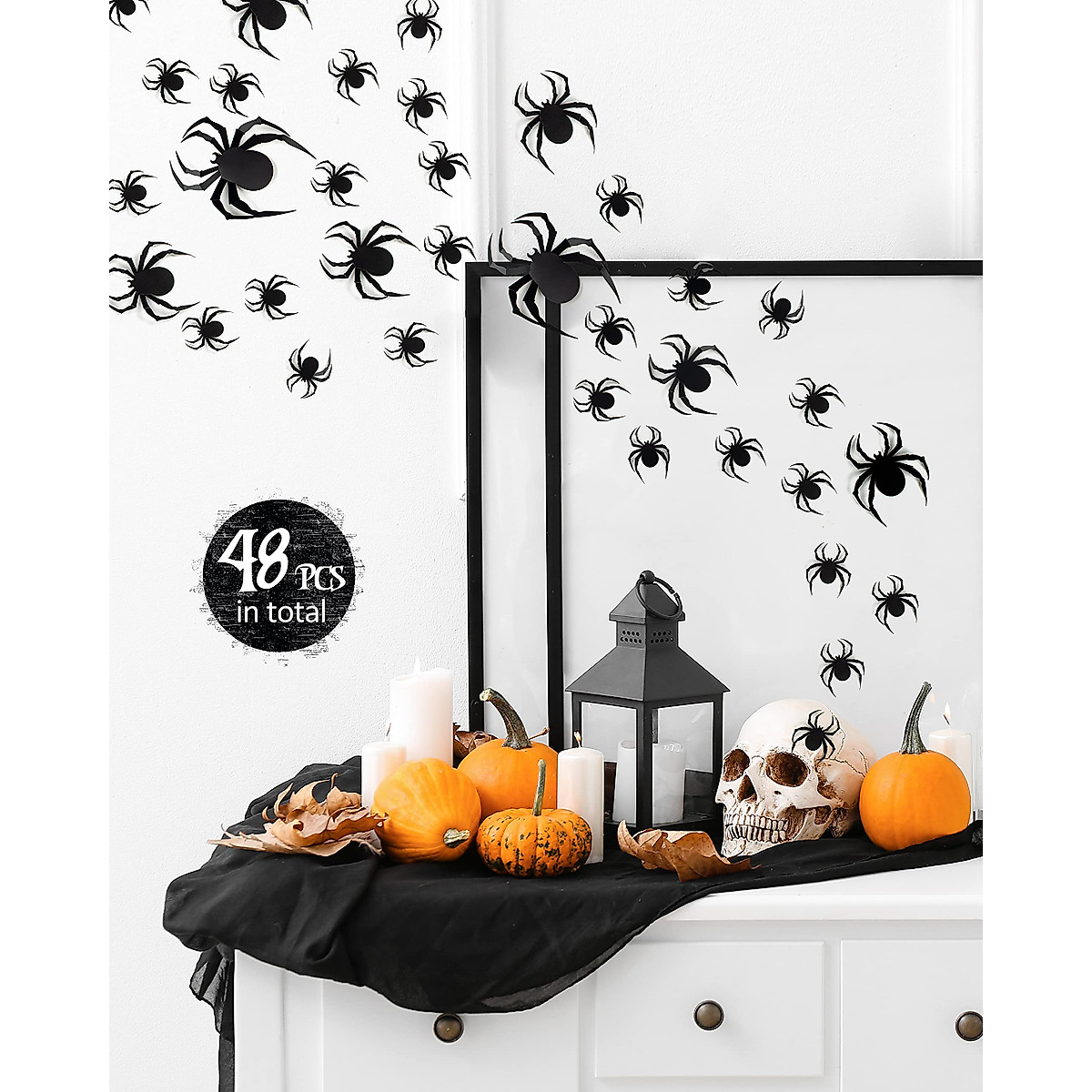 Coogam 60 PCS Halloween 3D Spiders Decoration, Scary Realistic Black Spider Sticker DIY Windows Wall Decal for Home Decor Bathroom Indoor Hallowmas Party Supplies
