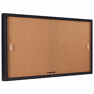 Enclosed Sliding Door Cork Bulletin Board, 5 x 3 Feet, Self-healing Corkboard Display Surface, 60" x 36" Notice Board for Wall Mount with Included Mounting Hardware, Black, Aluminum Frame
