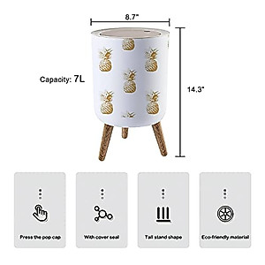Small Trash Can with Lid Gold Pineapple Seamless Stock 7 Liter Round Garbage Can Elasticity Press Cover Lid Wastebasket for Kitchen Bathroom Office 1.8 Gallon
